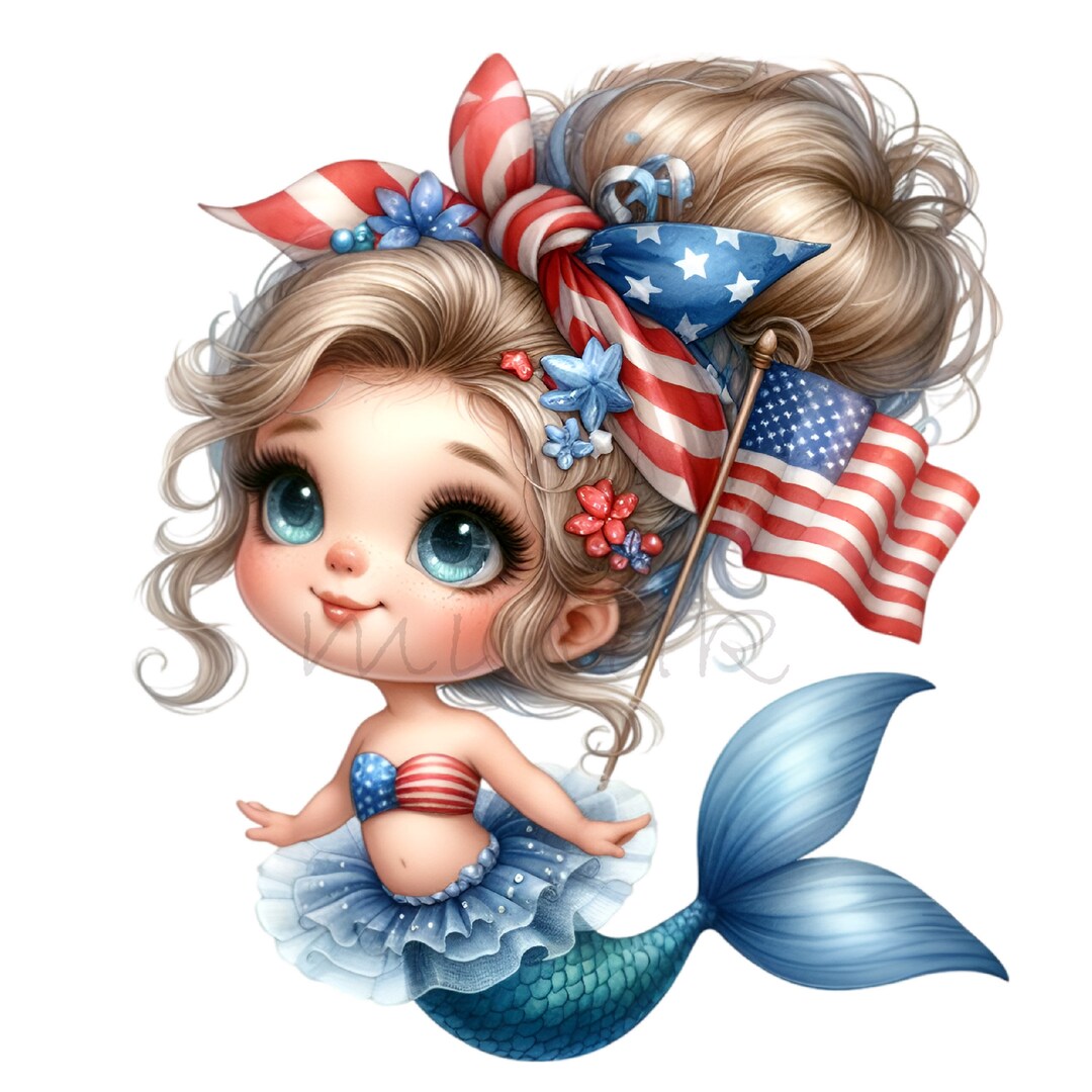 12 Patriotic Mermaid PNG Clipart - Adorable Mermaid With American Flag ...
