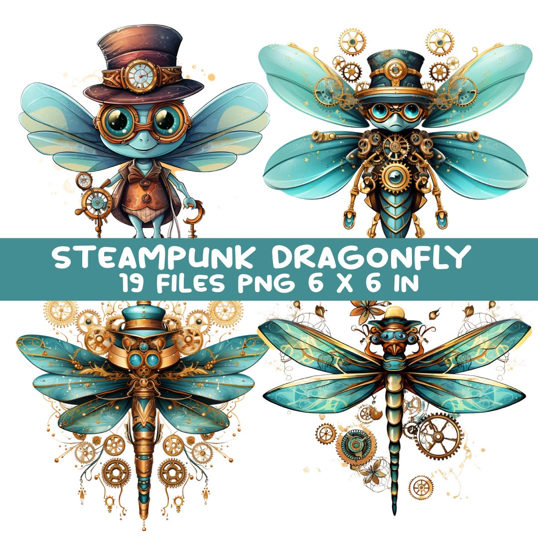 Steampunk Animal Clipart Bundle 19 PNG Steampunk Dragonfly Watercolor for Sublimation, Junk ...