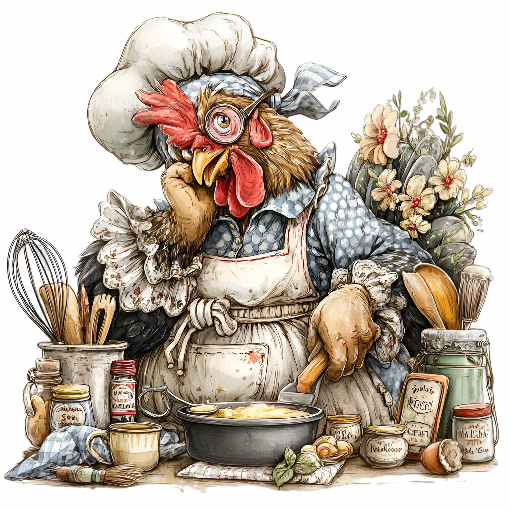 10 PNG Chicken Baker Illustration – Hen Chef Clipart, Whimsical Farm ...