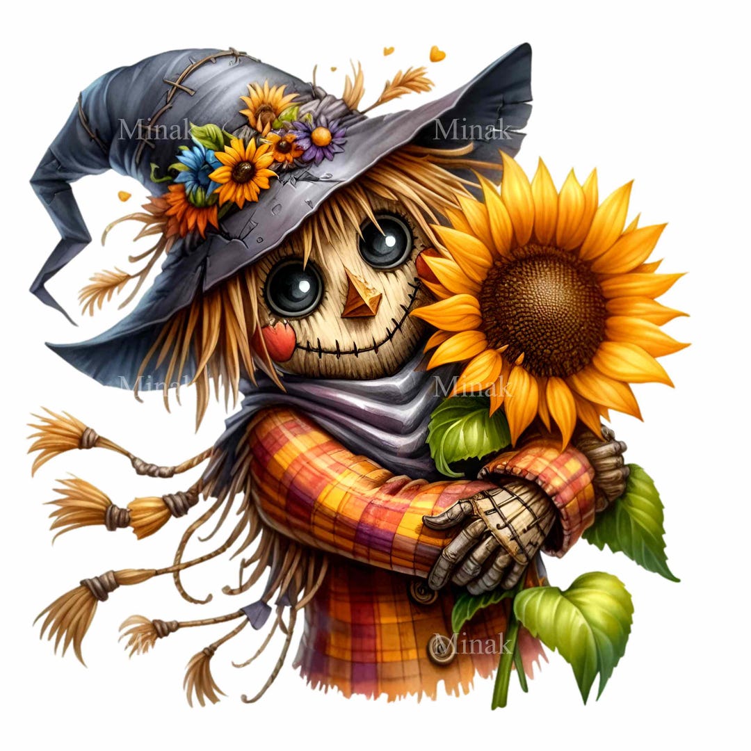 14 Cute Scarecrow Clipart PNG, Scarecrow With Sunflower and Fall Hat ...