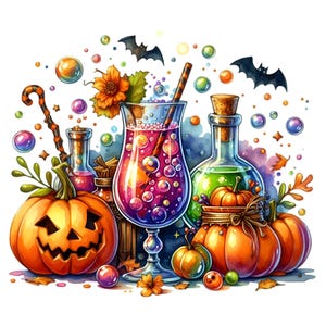 Colorful Halloween Potions and Pumpkins Watercolor Clipart 12 Festive ...