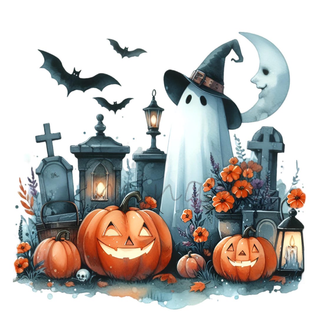 Spooky Halloween Ghost Clipart in Graveyard With Pumpkins and Bats 14 ...