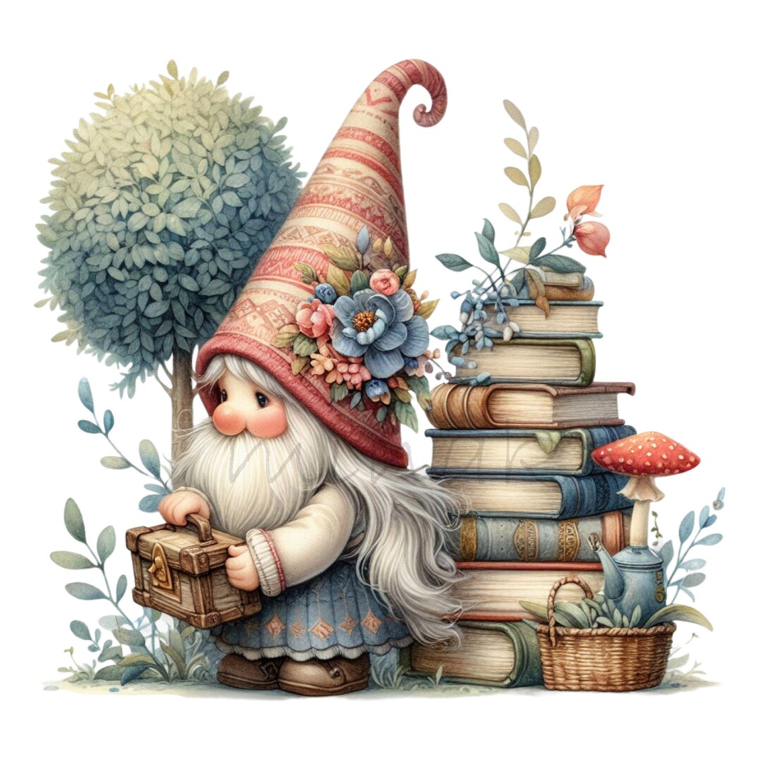 Librarian Clipart, Gnome Clip Art, 10 PNG Watercolor Gnome Reading Clip ...