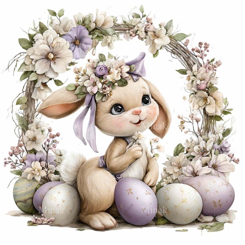 15 PNG Spring Bunny, Easter Rabbit Clipart With Eggs Floral Wreath ...