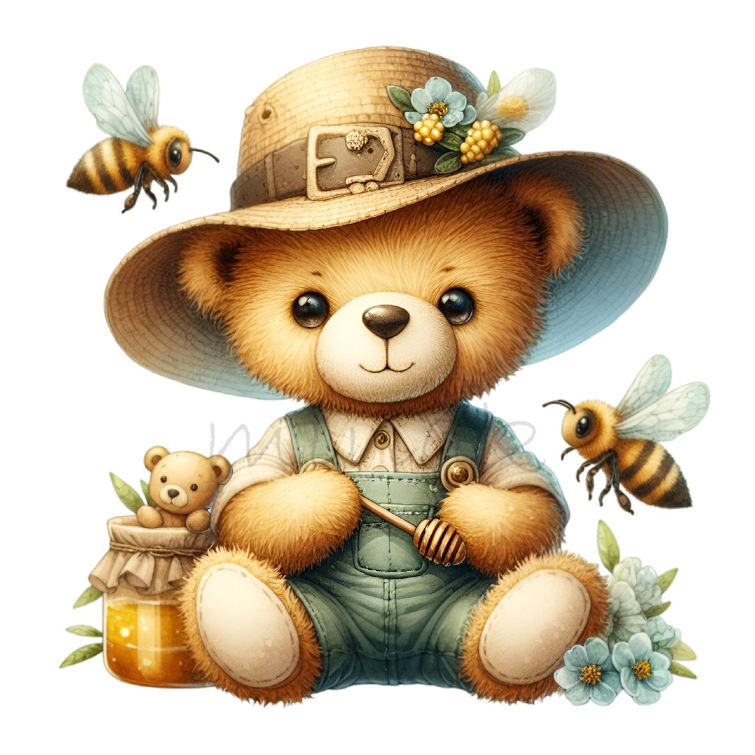 12 Honey Bear PNG Clipart – Cute Bear in Overalls With Hat, Bees, and ...