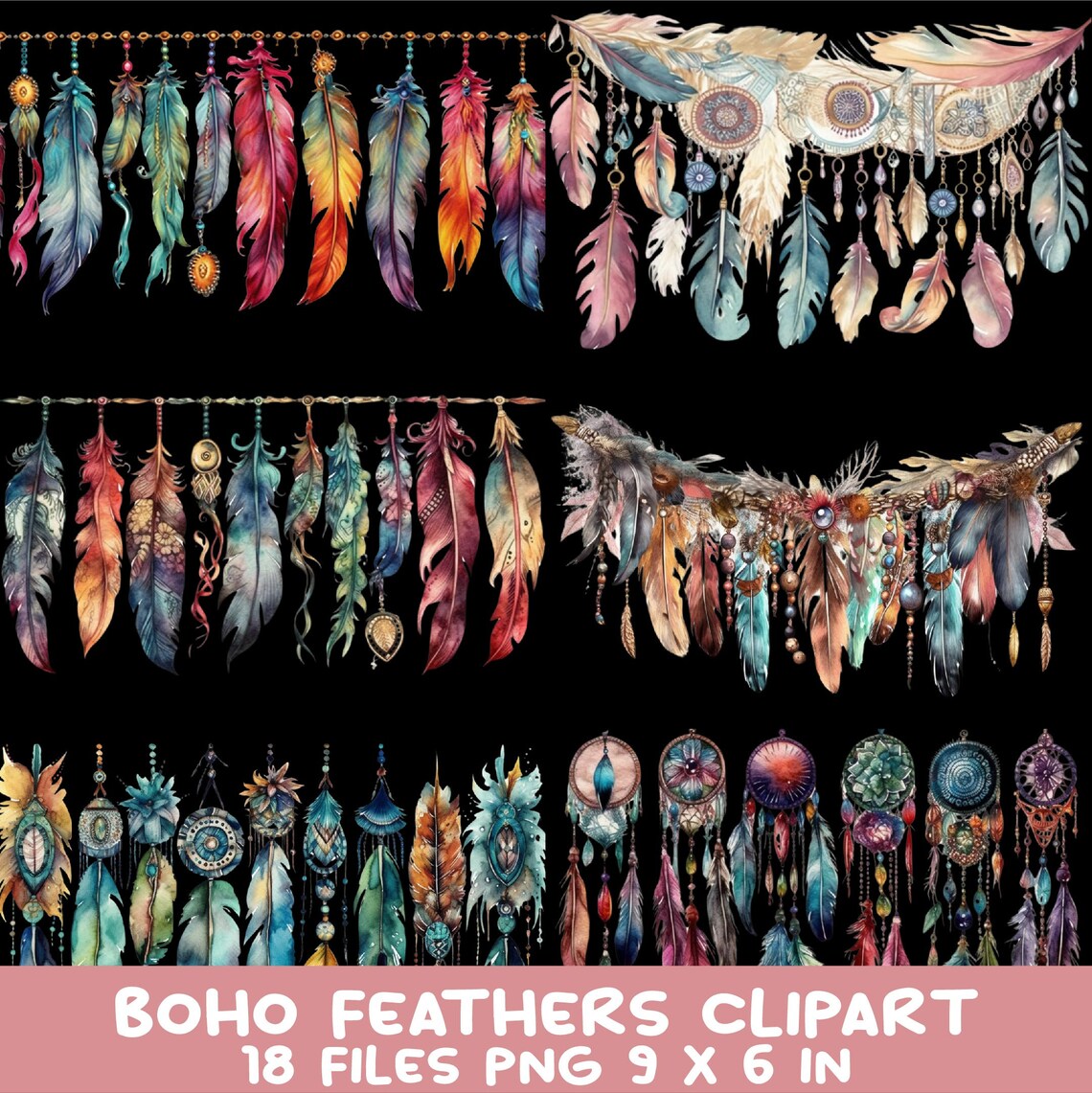 Boho Feathers Clipart Bundles, 18 PNG Watercolor Beaded Plumes Garland ...