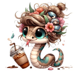 15 Funny Snake Drinking Coffee Cartoon Clipart Printable Digital Comics ...