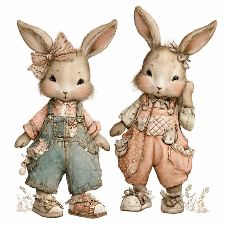 15 PNG Watercolor Bunny Couple Clipart – Woodland Rabbits in Overalls ...