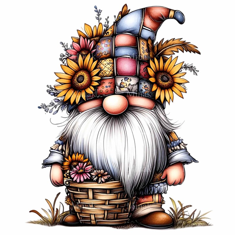 16 PNG Sunflower Gnome Patchwork Autumn Clipart, Fall Garden - Etsy