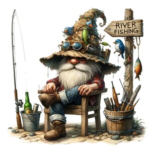 Fishing Gnome Clipart With River Sign and Fishing Gear 10 Whimsical and ...