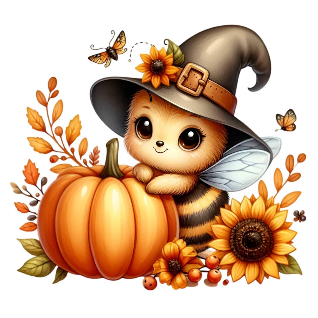 12 Halloween Bee PNG Clipart – Cute Bumblebee With Witch Hat, Pumpkin ...