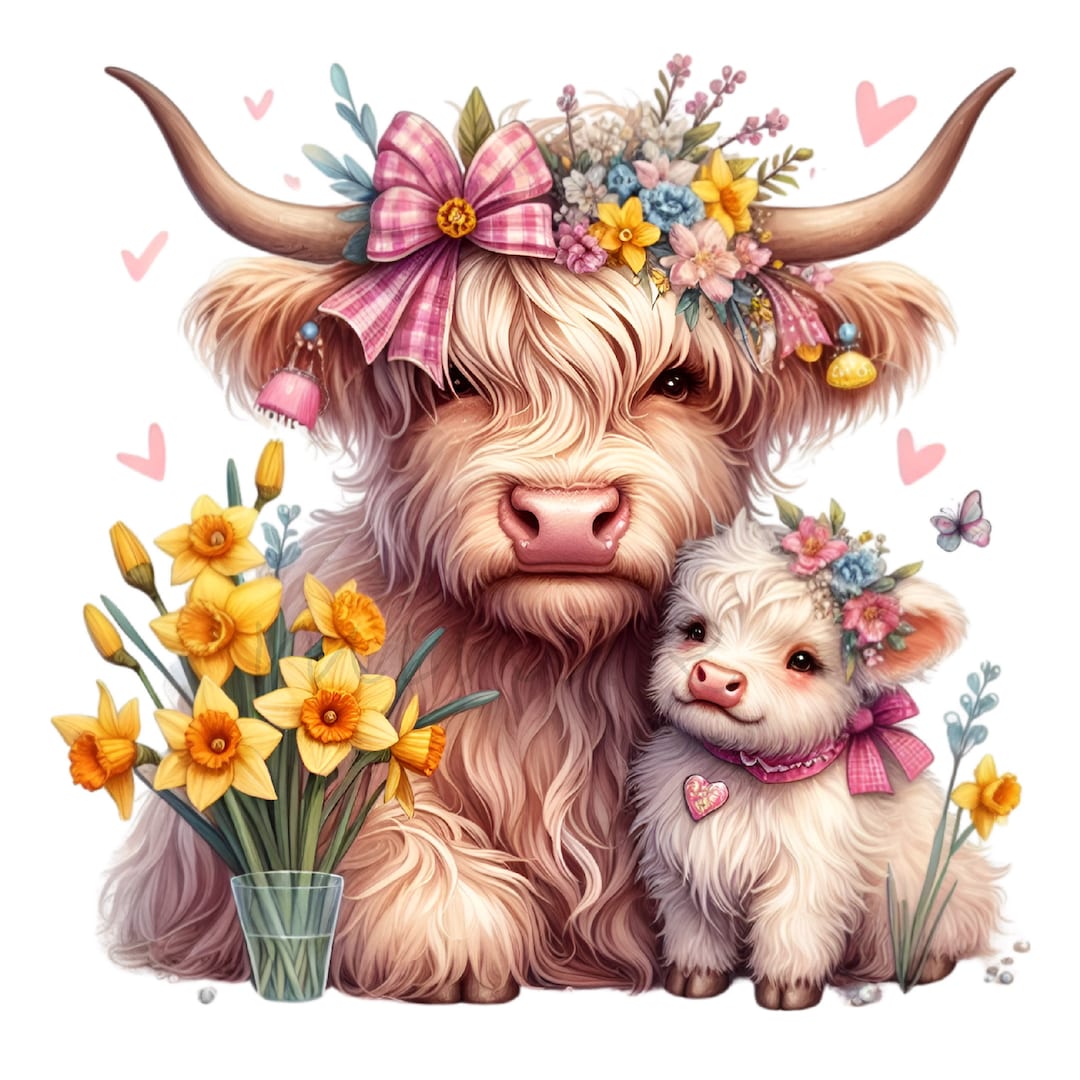 10 Highland Cow Family Clipart PNG - Floral Crowns, Daffodils, Mother ...