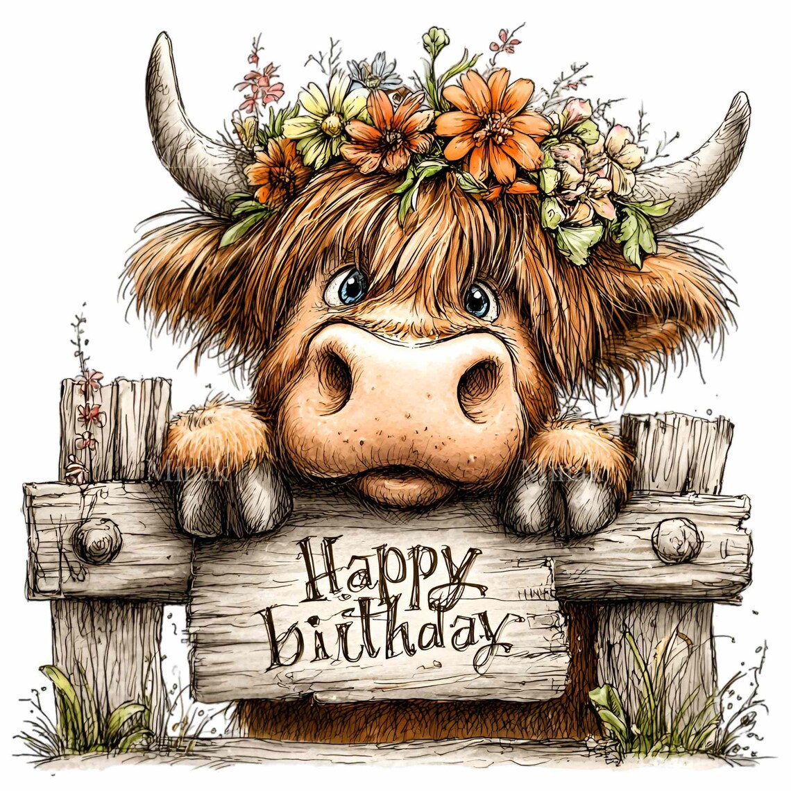 12 PNG Floral Cow Birthday – Cute Baby Cow PNG Clipart – Highland Calf ...