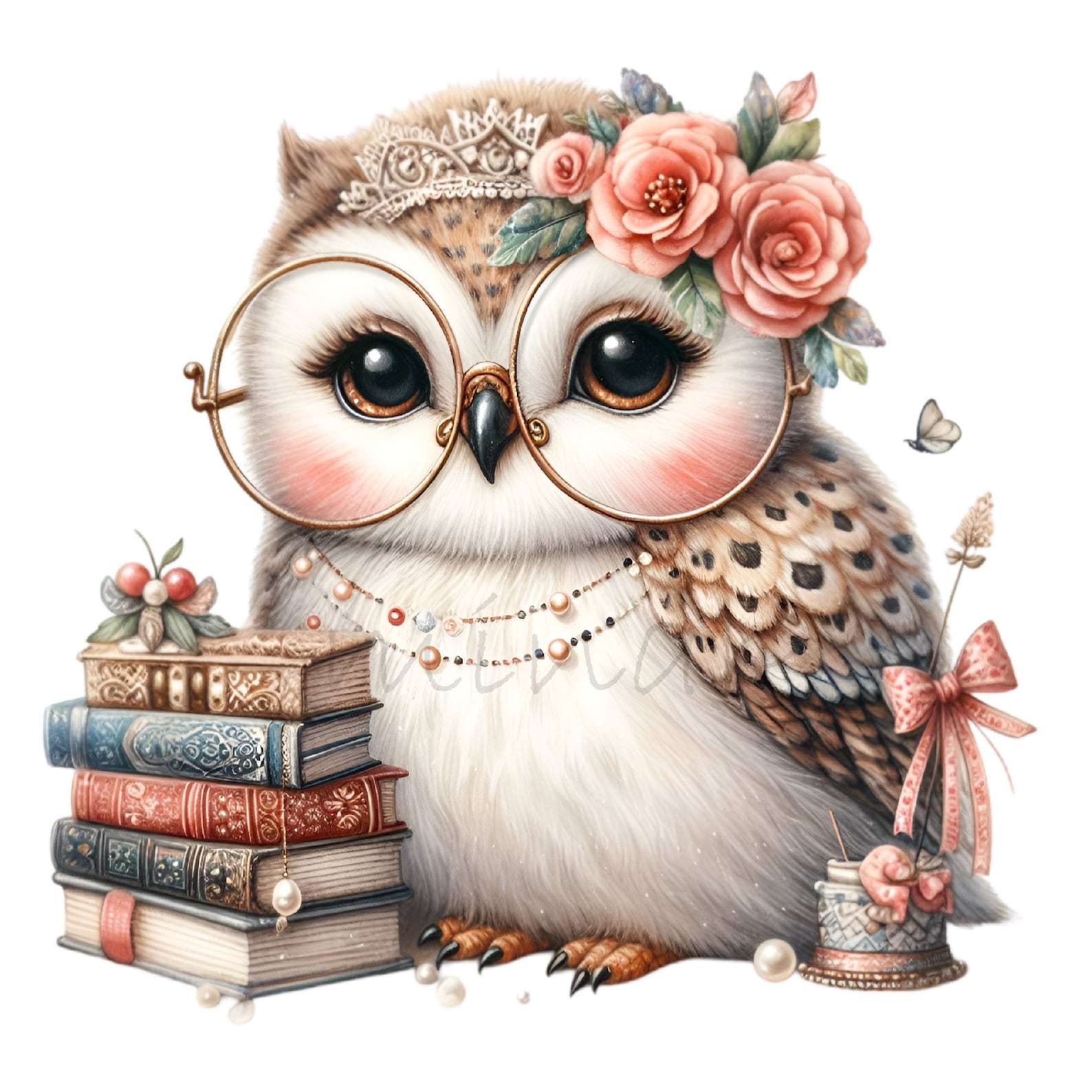 12 PNG Book Owl Clipart – Floral Owl Art With Glasses and Vintage Books ...