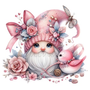 Pink Floral Gnome Clipart, 12 Cute Gnome With Bird PNG, Spring Garden ...