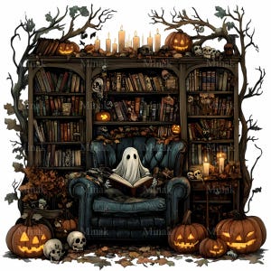 11 Ghost Librarian Reading PNG Clipart – Haunted Library With Candles ...