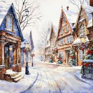 Christmas Town Clipart 50 JPG Watercolor Winter Snow Village Scene ...