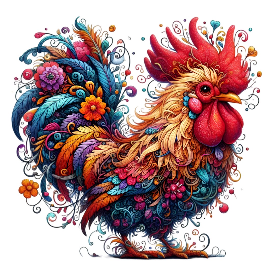 Floral Rooster Clipart Folk Art Bird Illustration 12 PNG - Etsy