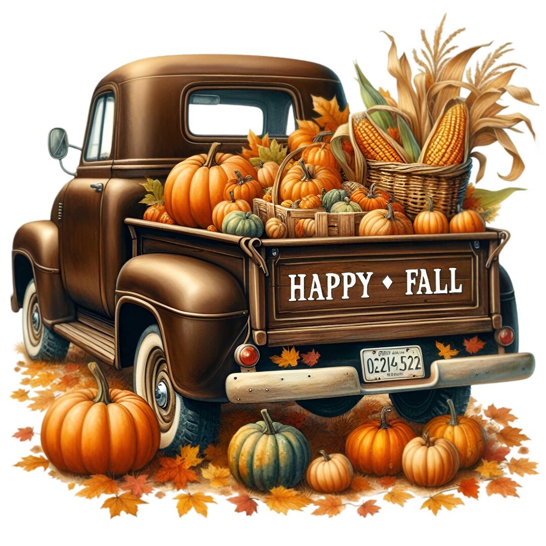 Rustic Brown Truck Fall Harvest Clipart 12 Pumpkins and Corn Autumn ...