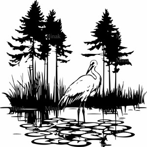 8 SVG Water Bird in Wetland SVG Cut File | Heron Lake Scene With Trees ...