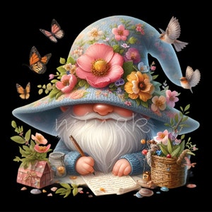 14 PNG Floral Gnome Clipart – Garden Gnome With Flowers and Butterflies ...