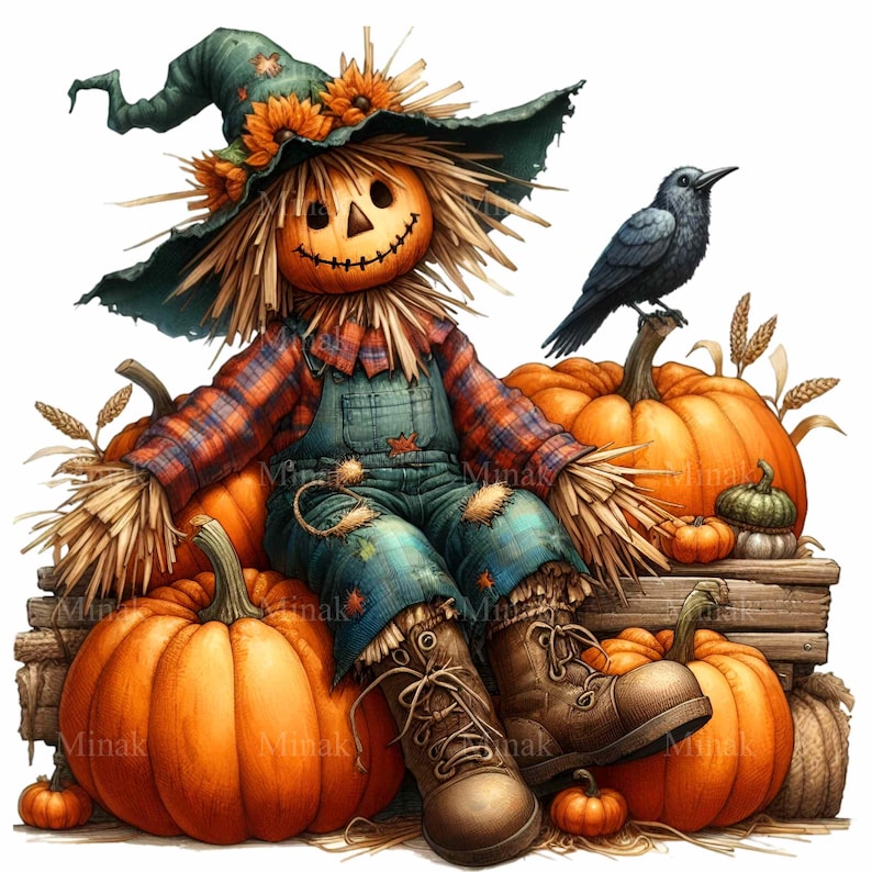 15 PNG Autumn Scarecrow Clipart, Fall Pumpkin Crow Harvest Season - Etsy