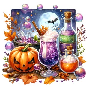 Colorful Halloween Potions and Pumpkins Watercolor Clipart 12 Festive ...