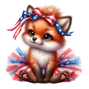 12 USA Tutu Fox PNG – 4th of July Fox Clipart With Bow – Independence ...
