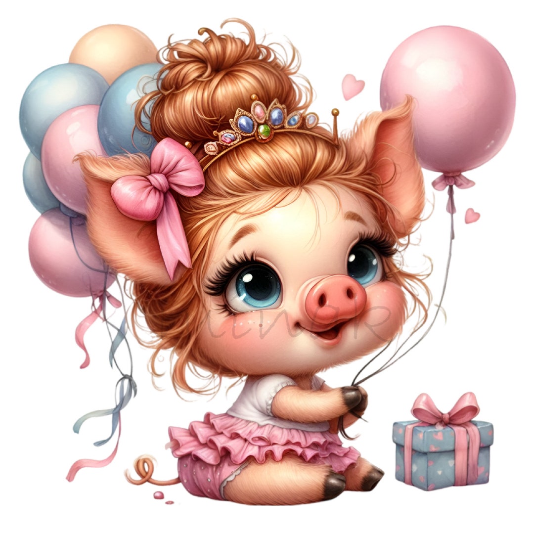 Princess Piglet Clipart, 14 Cute Pig With Balloons PNG, Birthday Pig ...