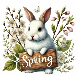 14 Spring Bunny PNG Clipart - Adorable Rabbit With Blossoms and Wooden ...