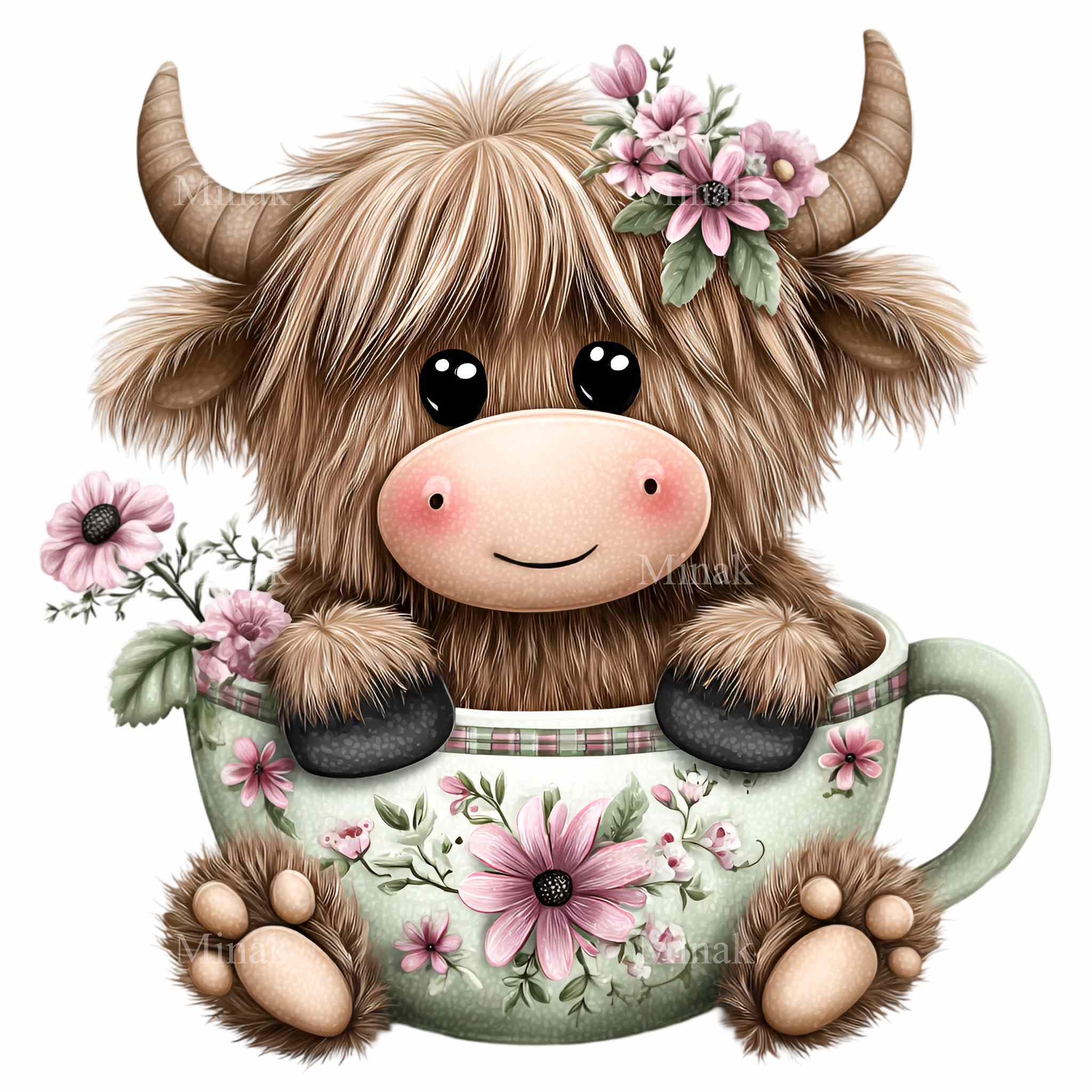 15 PNG Highland Cow Teacup Clipart – Floral Baby Cow Illustration ...
