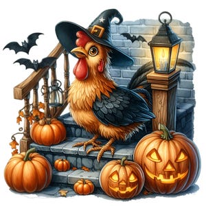 Halloween Rooster in Witch Hat Clipart Spooky Porch Scene With Jack-o ...