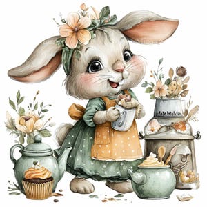 15 PNG Farmhouse Bunny Clipart – Rabbit PNG – Vintage Kitchen Tea Party ...