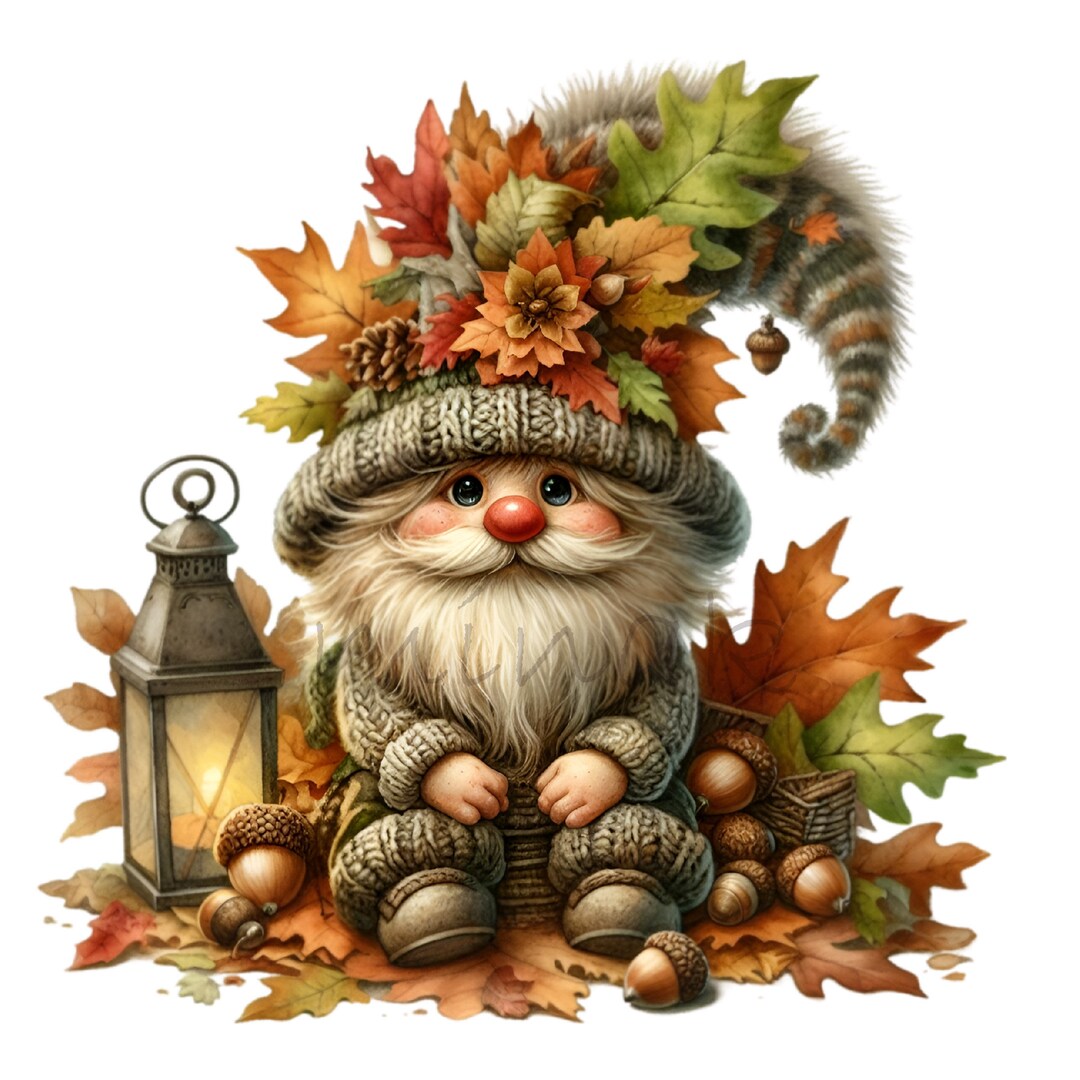 14 Autumn Gnome PNG Clipart, Cute Fall Gnome With Lantern and Leaves ...