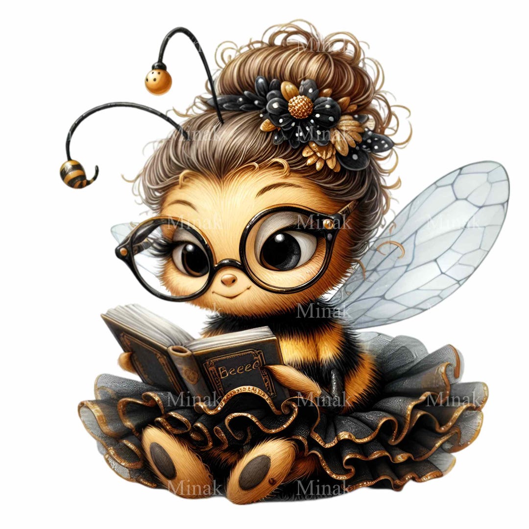 12 Bee Reading PNG Clipart | Cute Bee With Glasses and Book | Whimsical ...
