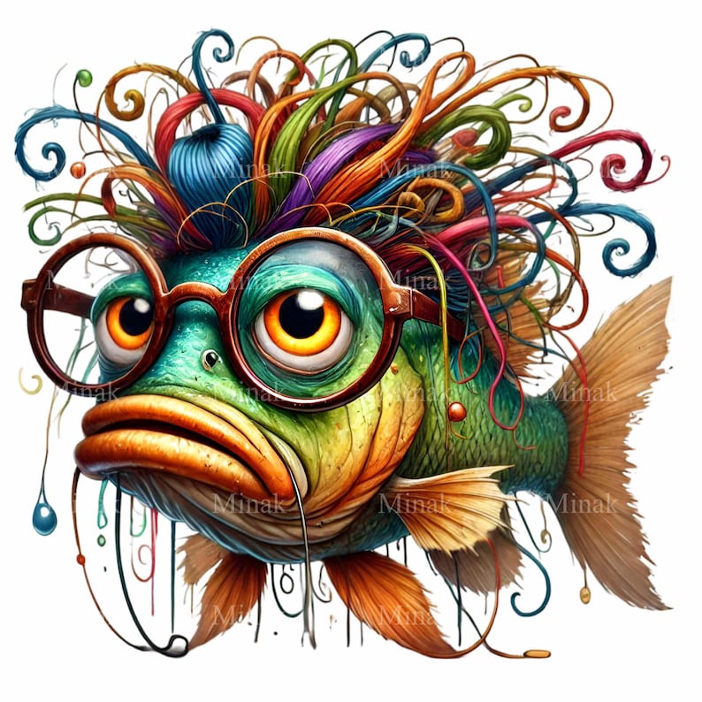 11 Funny Fish PNG Clipart, Quirky Fish With Messy Hair and Glasses ...
