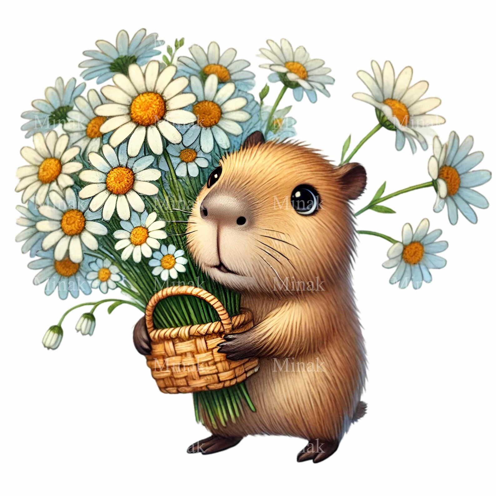 12 PNG Capybara Daisy Bouquet, Whimsical Animal Clipart, Floral Rodent ...