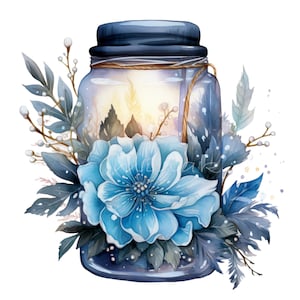 Floral Mason Jar Clipart - Watercolor Blue Flowers in Glass Jar With ...