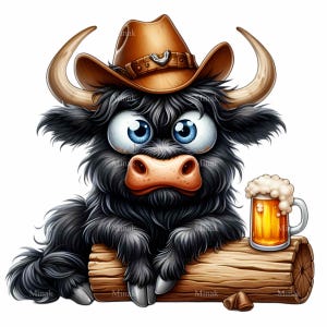 Cowboy Bull Beer Clipart, 15 PNG Bull With Cowboy Hat and Beer Mug, Fun ...