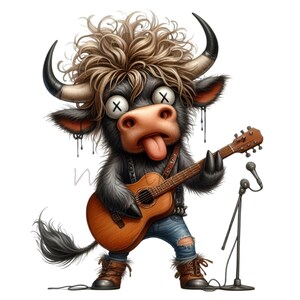 10 Rockstar Highland Cow Clipart PNG | Cute Cow With Guitar and Leather ...