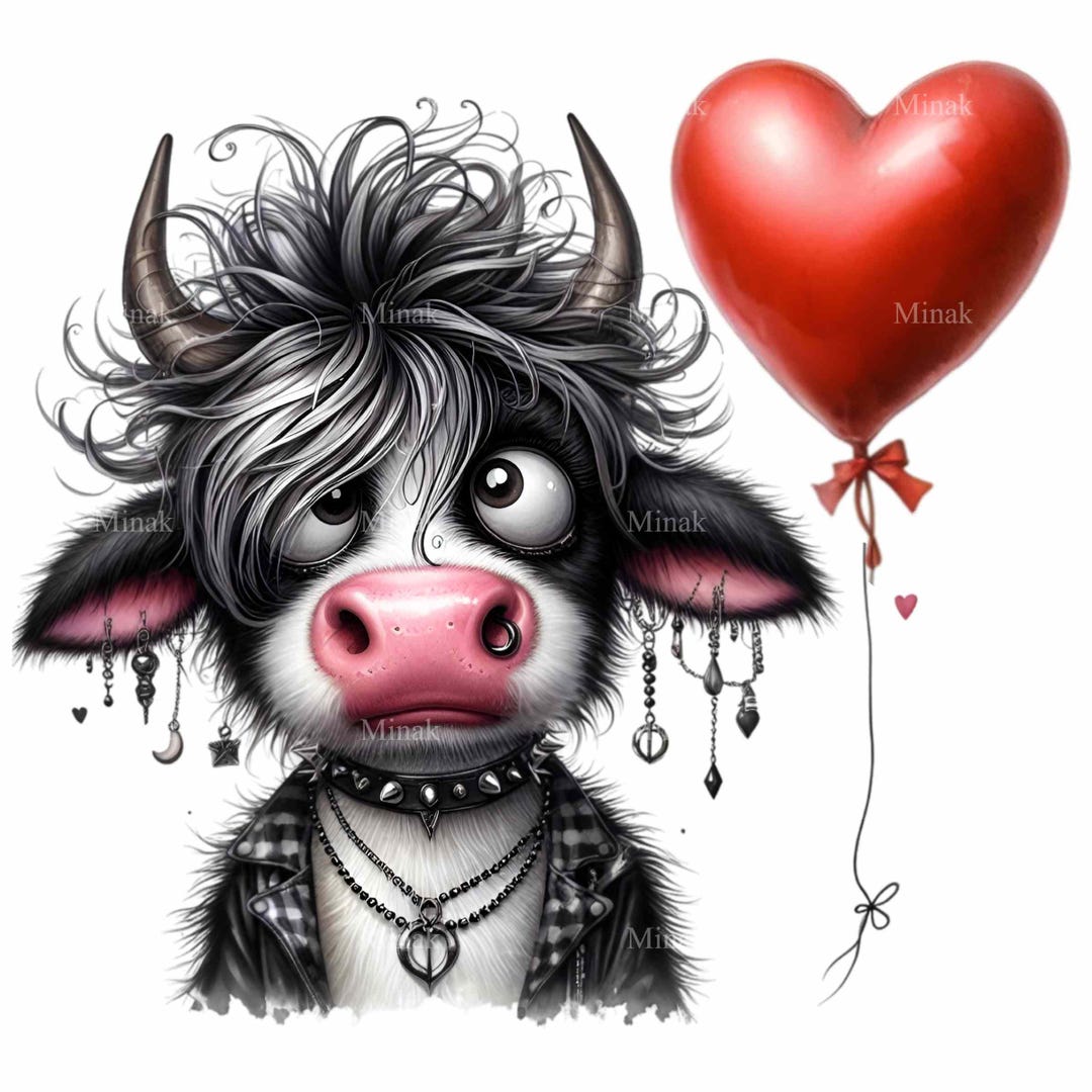 Gothic Cow With Heart Balloon PNG Clipart 12 Punk Style Cow With Spiked ...