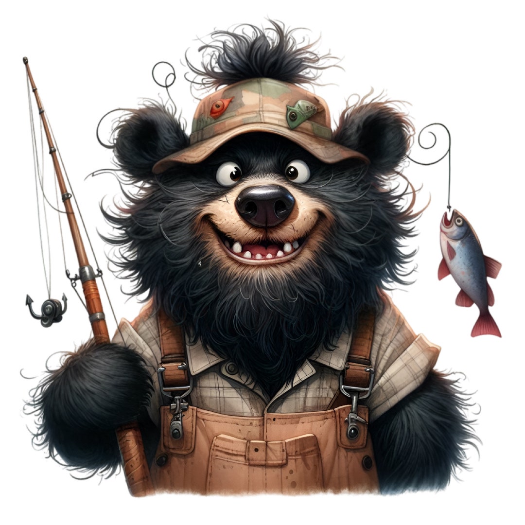 14 PNG Fishing Bear Clipart – Woodland Animal Art With Rod and Fish for ...