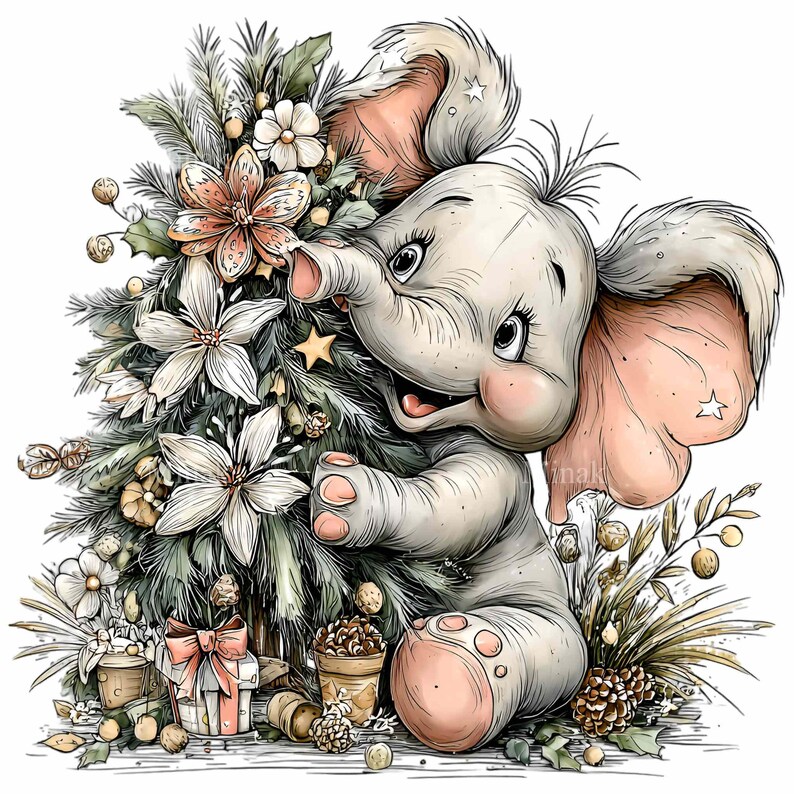 10 PNG Holiday Elephant Clipart – Baby Animal PNG With Gifts – Winter ...