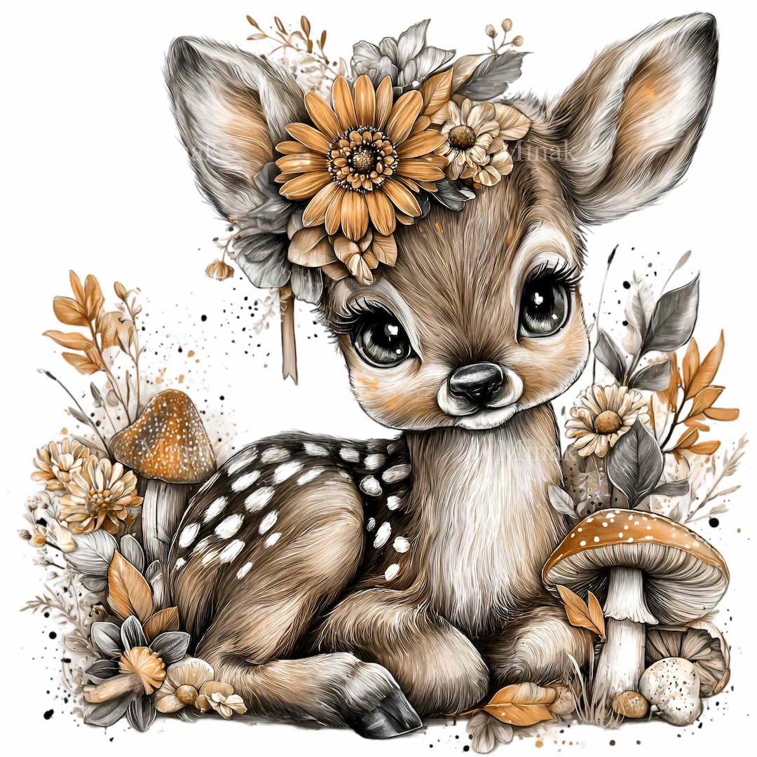 10 PNG Floral Deer Clipart – Cute Baby Fawn – Woodland Animal Art With ...