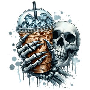Skeleton Iced Coffee Clipart, 12 Skull Cup Art PNG, Spooky Beverage ...