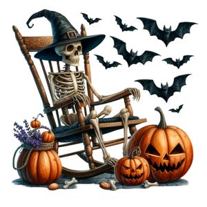 Spooky Skeleton in Rocking Chair PNG, 12 Halloween Night Clipart, Witch ...