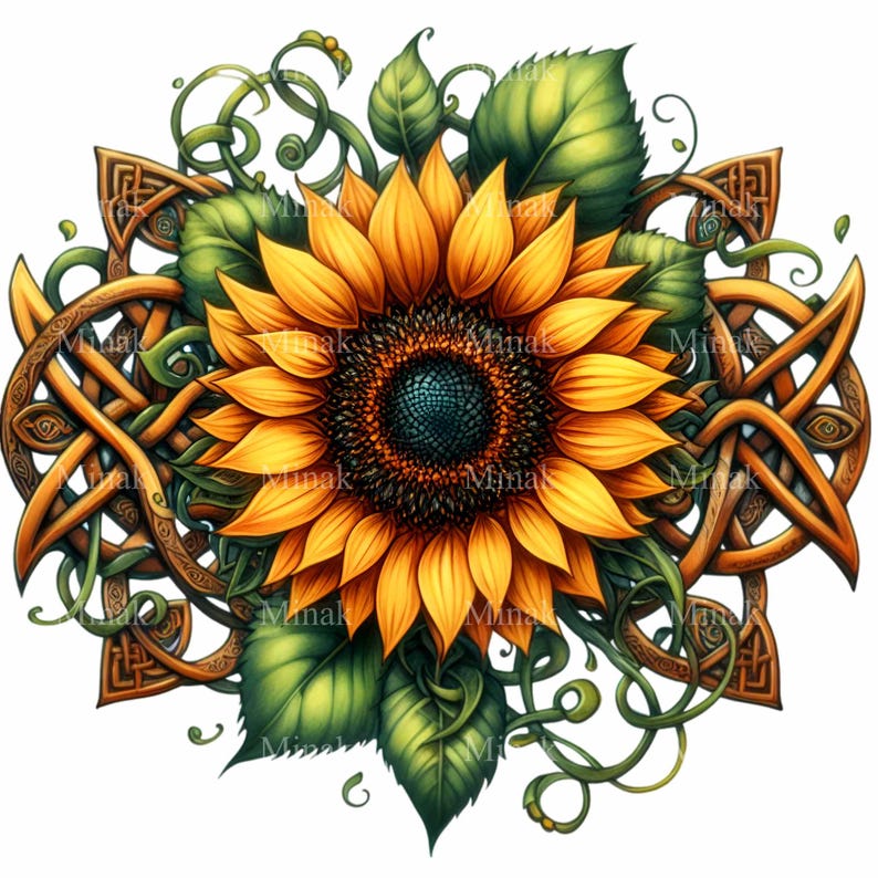 15 PNG Celtic Sunflower Clipart, Knotwork Floral Sublimation, Irish ...