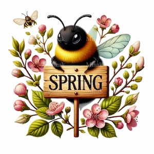 12 Spring Bee PNG Clipart, Cute Bumblebee With Flowers, Whimsical ...