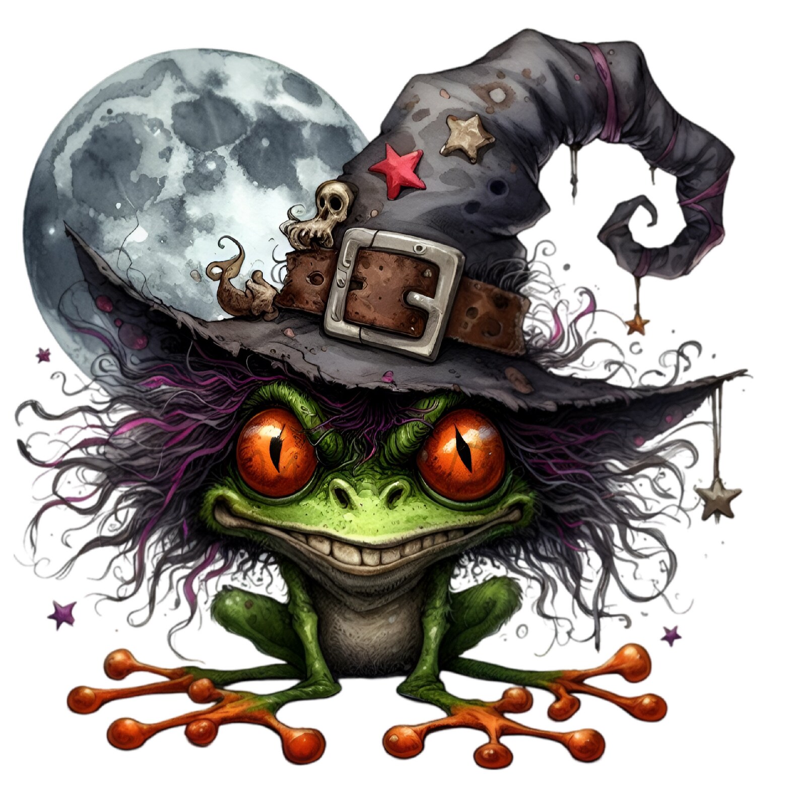 Witch Frog Clipart 12 Magical Moon & Bat PNG, Halloween Illustration ...