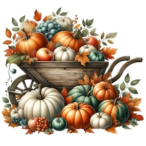 Rustic Wheelbarrow of Pumpkins Clipart, Fall Harvest Decor, Autumn ...